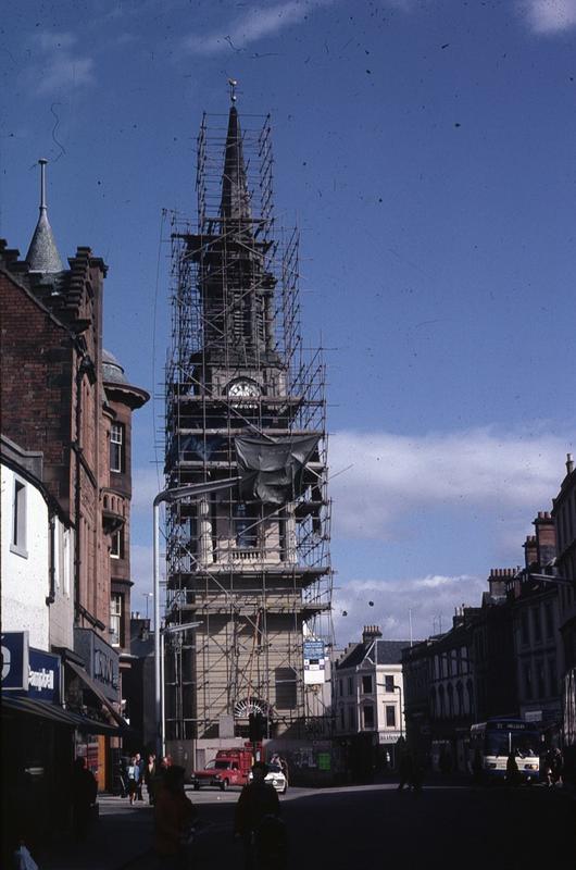Steeple in the High St surrounded by scaffolding with views of ...