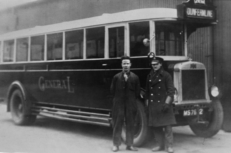 Driver and engineer beside bus, Larbert Rd bus depot - Falkirk Council