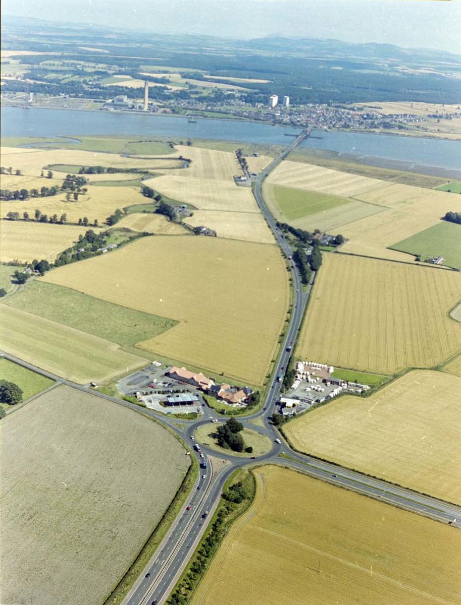 Aerial view of M876, Bowtrees roundabout, Kincardine town, bridge and ...